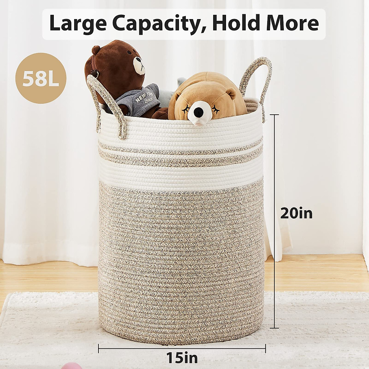 Fiona's magic Large Laundry Hamper, Tall Woven Storage Basket for Blankets, Cotton Baby Nursery Hamper, Toys and Dirty Clothes in Bedroom and Living Room Organizing - 58L Brown & White