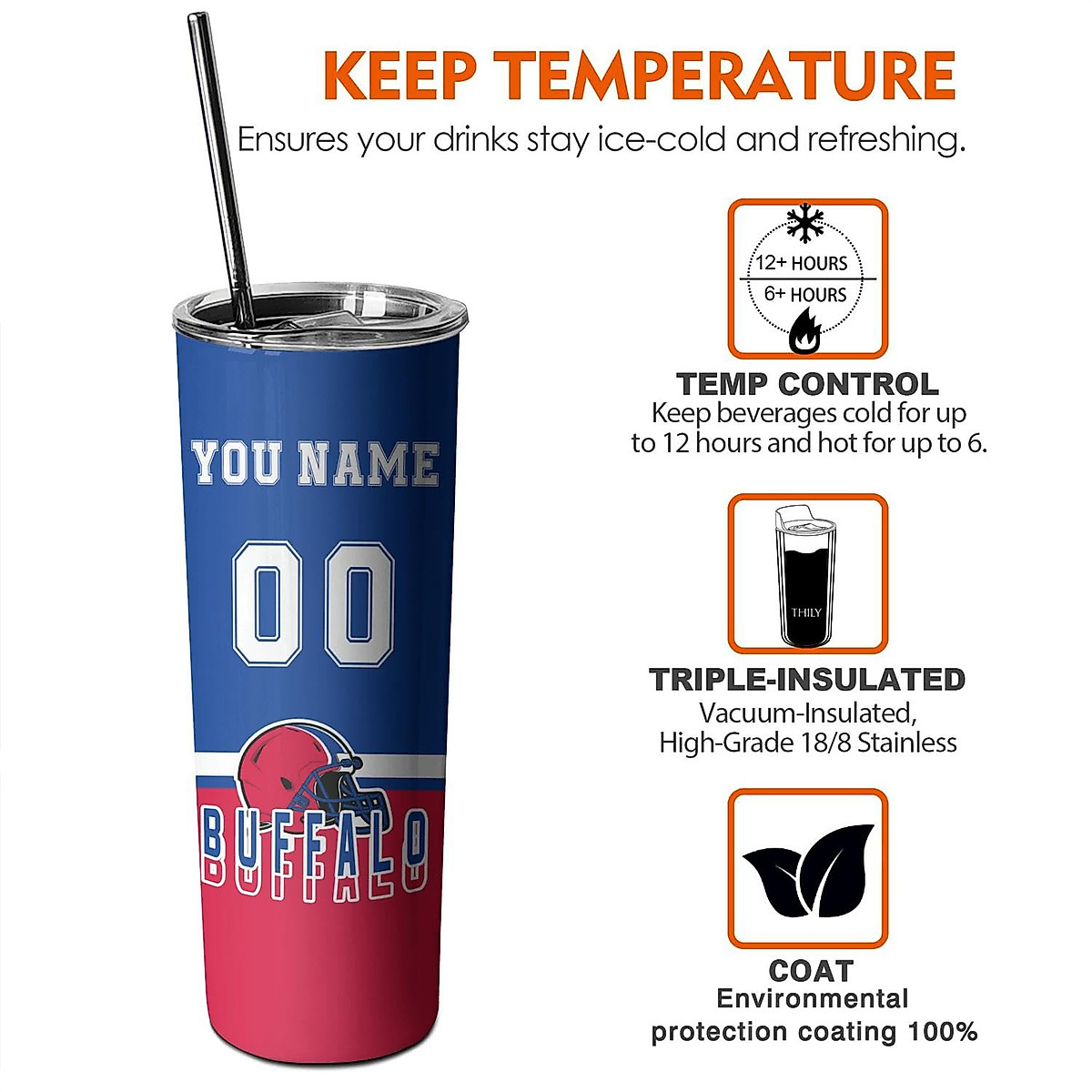 20oz Customs stainless steel Insulated tumbler with Lid and Straws, Personalized football gifts for fans, Travel Cup Adds Your Name and Number