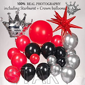 Black and Red Silver Balloon Garland kit 135Pcs Latex Chrome Silver and Crown star balloons for Birthday Party anniversary wedding graduation Christmas happy grad decorations 2025