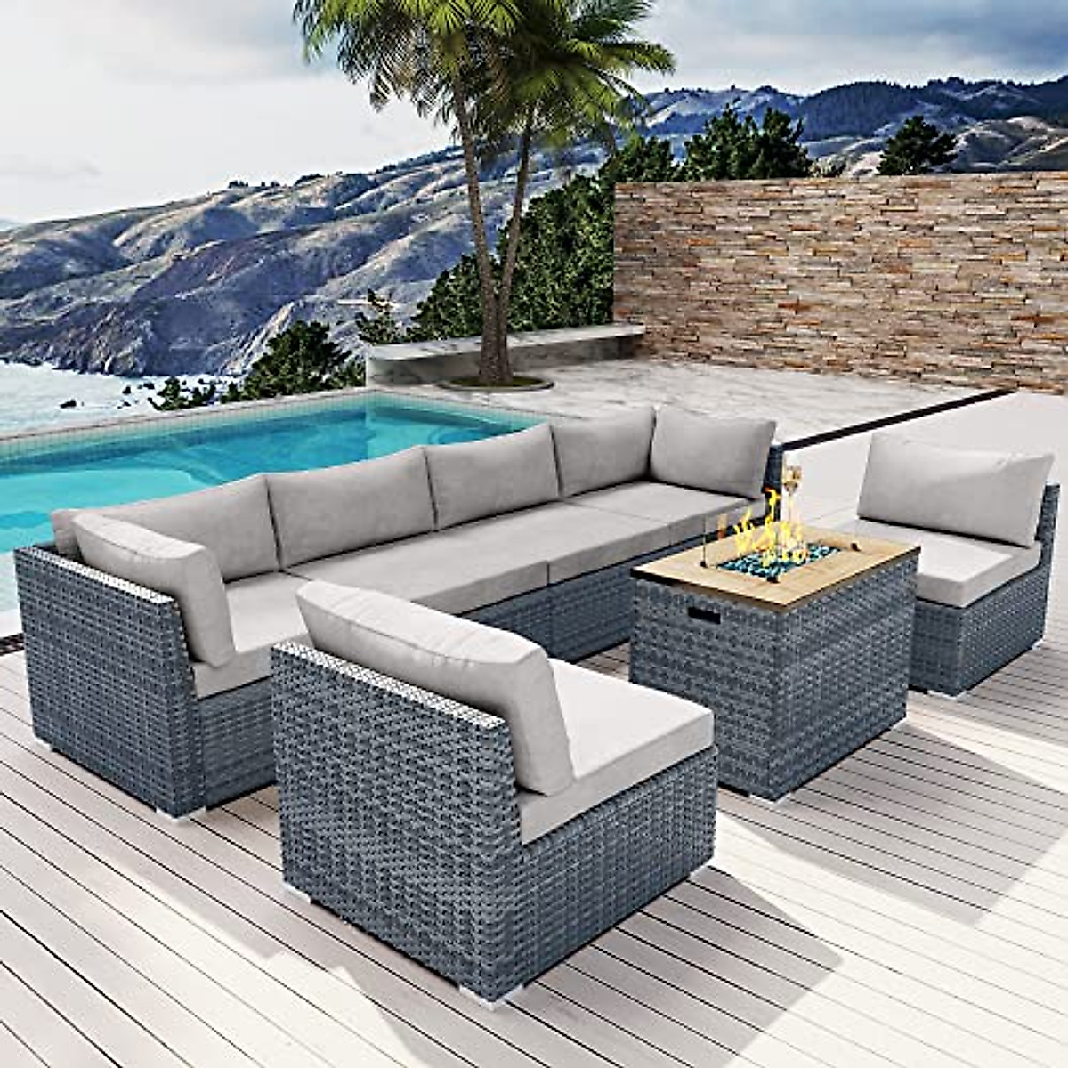 MODENZI Outdoor Sectional Patio Furniture Set with Propane Fire Pit Table Grey Resin Wicker Phoenix Collection Sofa Set (Light Grey)