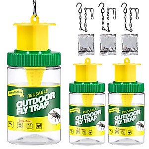 3 Pack Outdoor Hanging Fly Trap Bottles, Reusable Fly Killer Trap Catcher Jar with Natural Bait Refill and Tie Included,Fly Repellent for Outdoor Use Only - Controls Flies for Patios,Barns,Ranches
