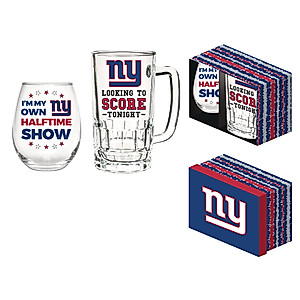 Team Sports America NFL New York Giants, Stemless 17 OZ Wine Glass & Beer Mug 16 OZ Gift Set with Box | Keeps Drinks Cold | Officially Licensed