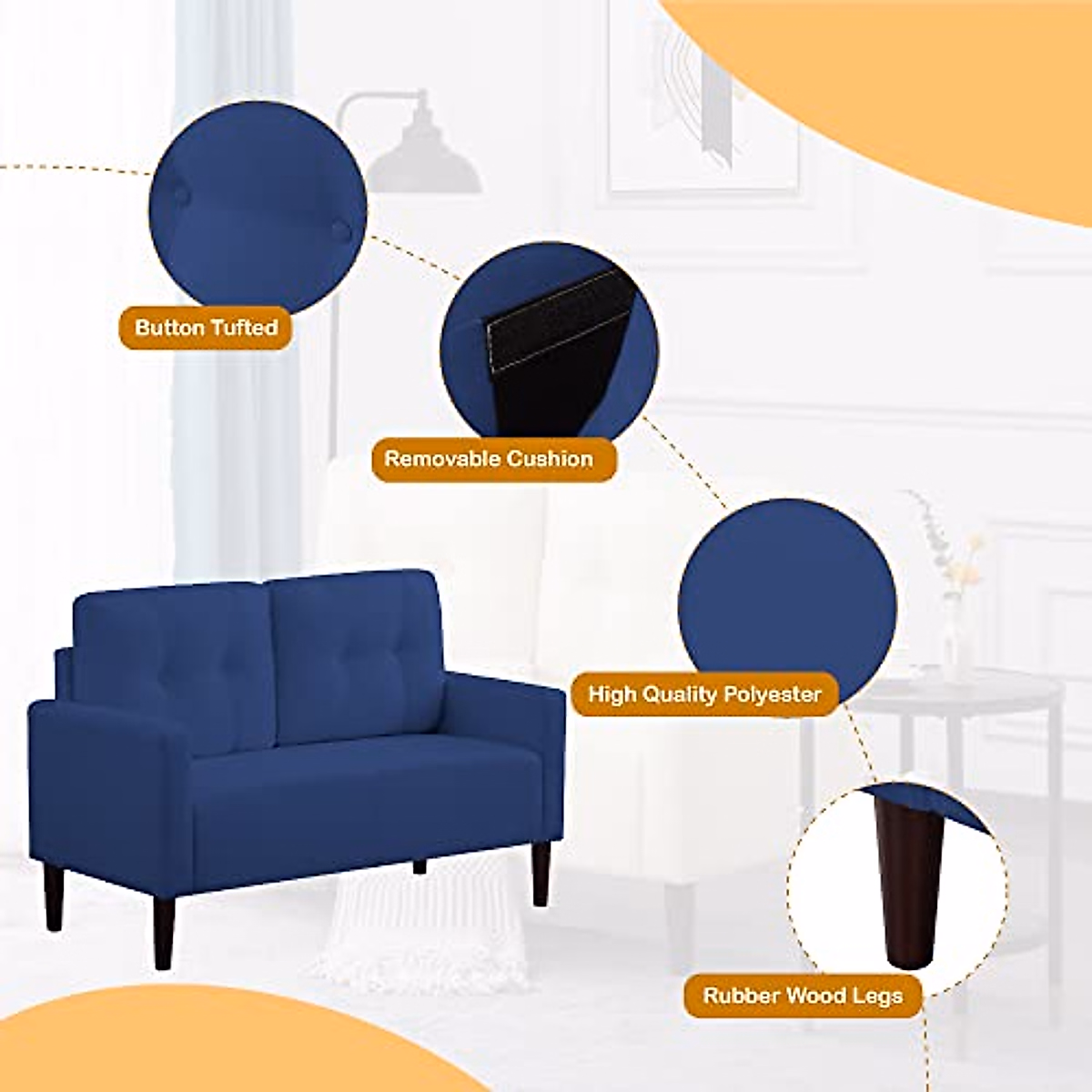 Msaleen Small Sofa Mini Couch Loveseat – Blue Couch Sofa Button Tufted Couch, Mid Century Small Loveseat 2-Seater Contemporary Modern Sofas Small Loveseat for Small Space Navy Blue Accent Love Seat
