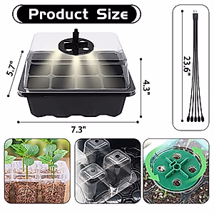 5 Pack Seed Starter Tray with Grow Light, Reusable Seedling Starter Kit with Air Vent Humidity Dome, 60-Cells Drain Hole Tray for Greenhouse Plant Seed Growing Germination Propagator (Black)