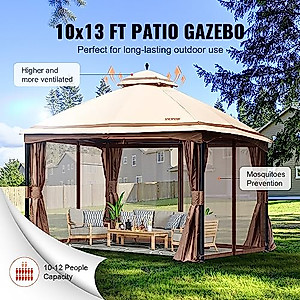 VEVOR Patio Gazebo for 10-12 Person, 10 x 13 FT Backyard Gazebo, with Mosquito Netting, Metal Frame, and PU Coated 180G Polyester, Outdoor Canopy Shelter for Patio, Backyard, Lawn, Garden, Deck