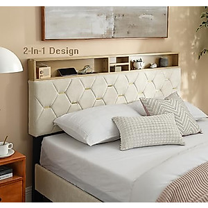 Klwenas Maec Queen Size Bed Frame,Modern Fabric Platform Bed Frame with Outlet & USB Ports,Storage Headboard,Heavy Duty Mattress Base,Wooden Slat Support,No Box Spring Needed (Beige, Queen)