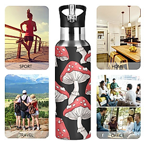 Glaphy Mushrooms Print Water Bottle with Straw Lid, BPA-Free, 32 oz Water Bottles Insulated Stainless Steel, for School, Office, Gym, Sports, Travel