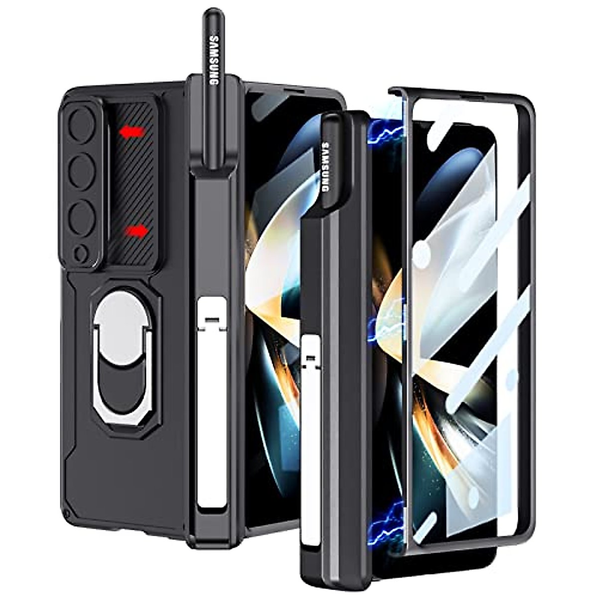 PUROOM for Samsung Galaxy Z Fold 3 Case Magnetic Hinge Coverage Protective with S Pen Holder Ring Kickstand Case, Slide Camera Cover, Front Screen Protector All-Inclusive Case (Black)