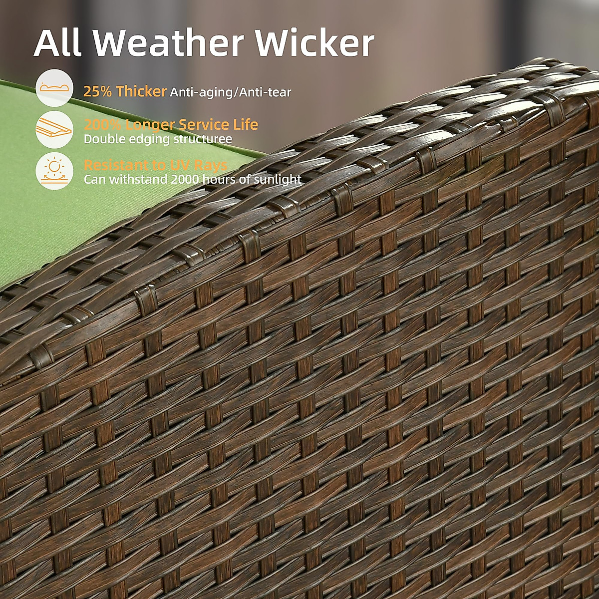 CAODOC Patio Furniture Set, 5 Pieces Outdoor Wicker Rattan Sofa Couch with Chairs, Ottomans and Comfy Cushions, All Weather High Back Conversation Set Garden Backyard, Brown Rattan Green Cushions