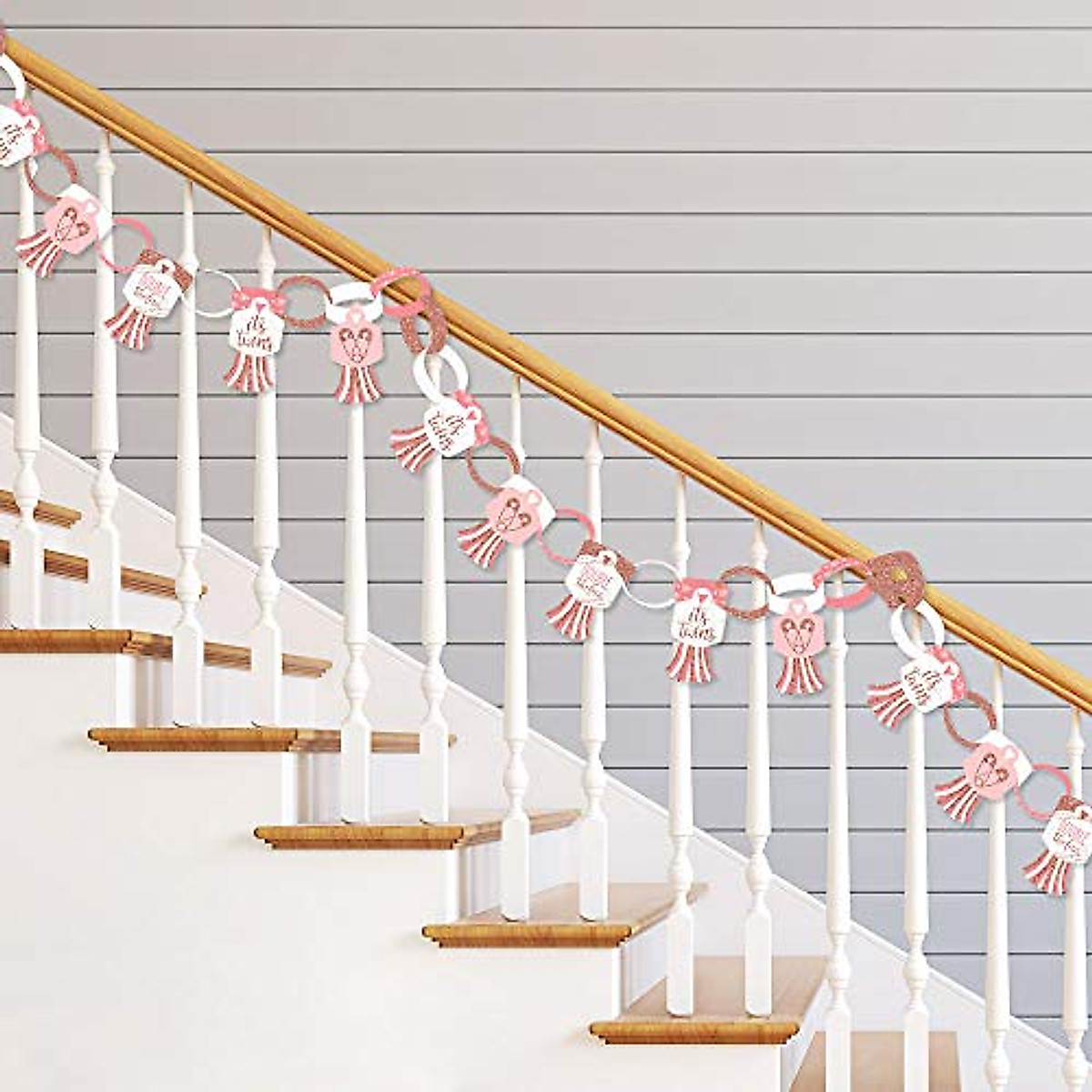 Big Dot of Happiness It’s Twin Girls - 90 Chain Links and 30 Paper Tassels Decoration Kit - Pink and Rose Gold Twins Baby Shower Paper Chains Garland - 21 feet