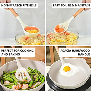 IOCBYHZ Silicone Kitchen Utensils Set of 5, Cooking Utensils Set with Heat Resistant Wooden Handle Non-Stick Silicone Spatula Spoon Turner Ladle Set, BPA FREE Kitchen Gadgets Utensil Set for Cookware