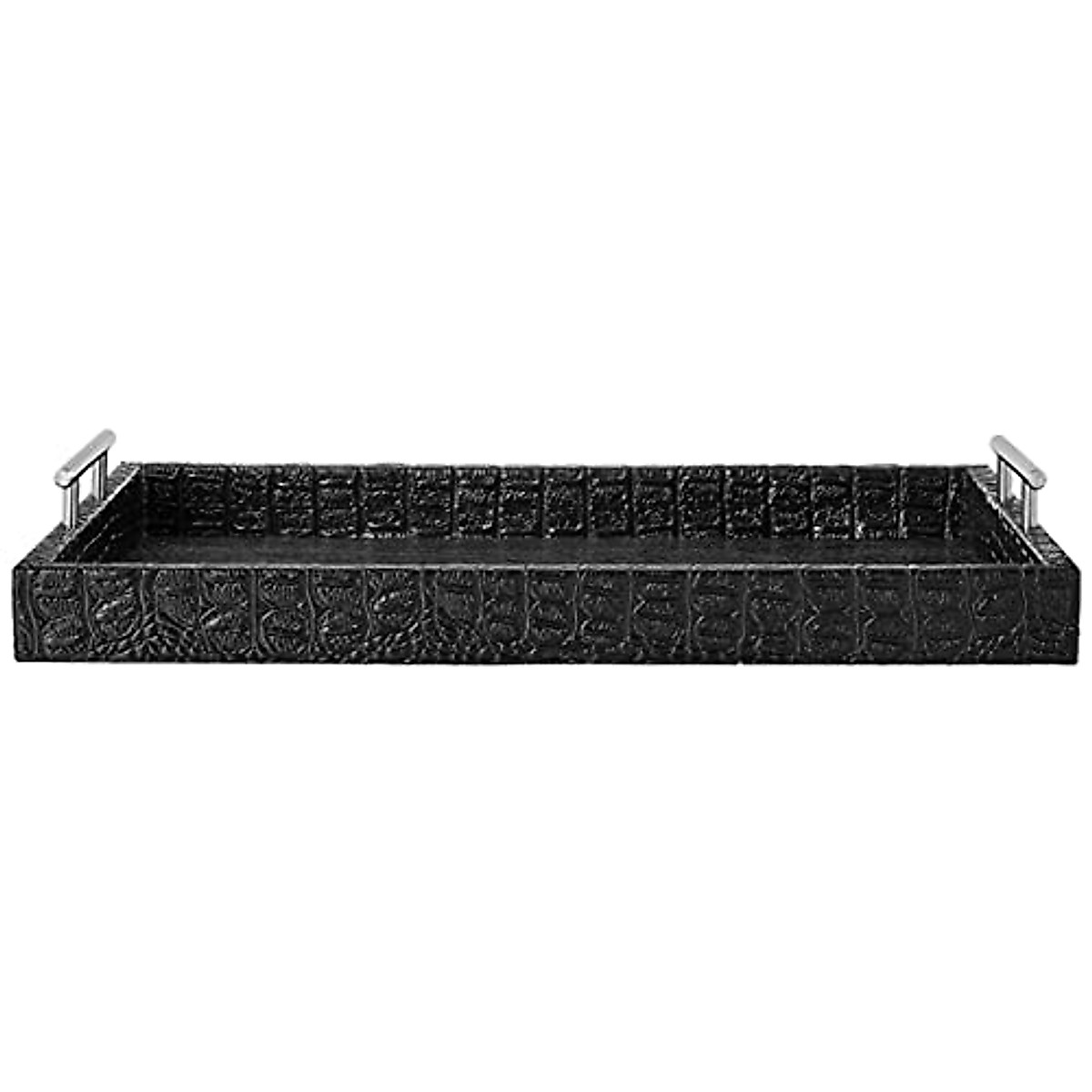 American Atelier Alligator Leather Serving Tray with Metal Handles, Black Large