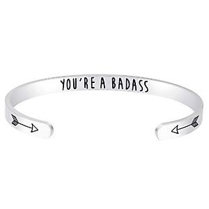 Fesciory Inspirational Bracelets for Women,Stainless Steel Engraved Personalized Positive Mantra Quote Keep Going Cuff Bangle College Graduation Encouragement Gifts for Her (YOU'RE A BADASS)