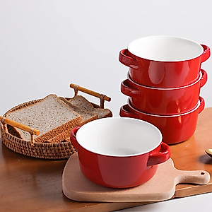 Sweejar Porcelain Soup Bowls with Handles, 28OZ Substantial Crocks for Soup, Oatmeal, Ramen, Functional and Stackable Set of 4, Dishwasher and Microwave Safe (Red)