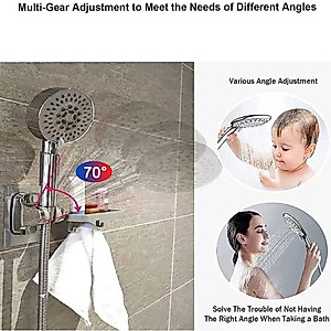 Liccyy Adhesive Shower Head Holder with Wall Shelves, Strong Self Adhesive Adjustable Waterproof Multifunction Handheld Shower Wand Holder Bracket with 3 Hanger Hooks,Wall Mount,No Drilling, Silver
