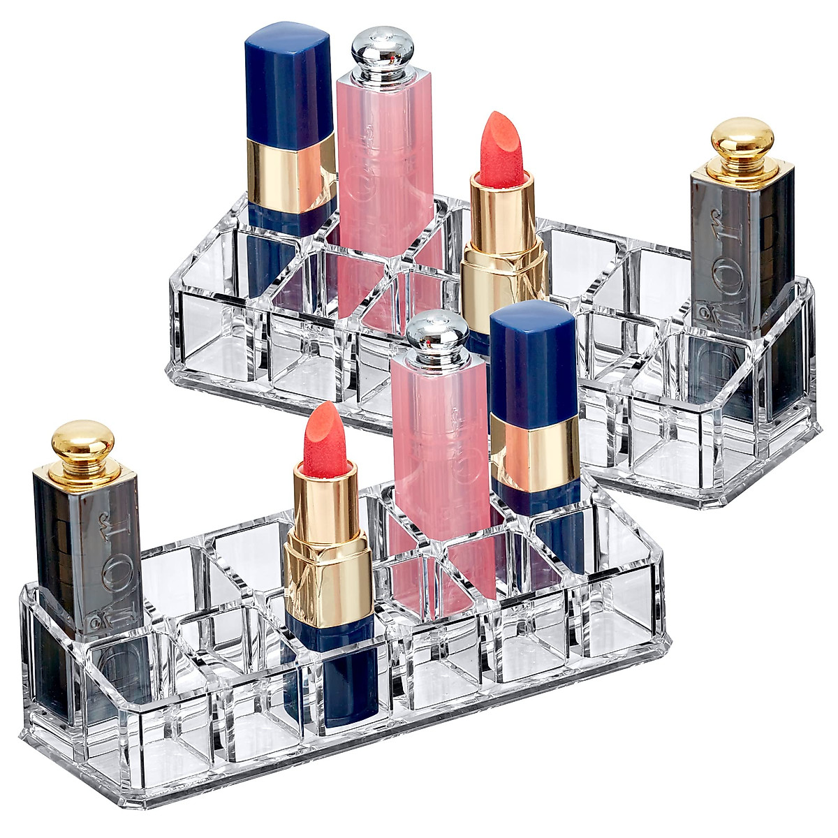 Amazing Abby - Glamour - 2-Pack 12-Slot Acrylic Lipstick Organizer, Lipstick Holder, Lip Gloss Holder, Cosmetic Storage Display, Perfect Storage Solution for Drawer and Vanity (Slot Size: 0.9" x 0.9")