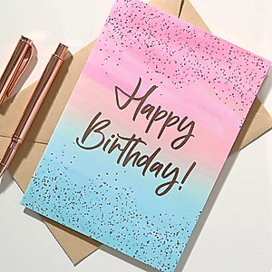Birthday Card - Single Happy Birthday Greeting Card with Rose Gold Foil Sprinkles and Lettering on Ombre Blue Yellow Pink Textured Paper with Kraft Envelope - 5" x 7" - Blank Inside