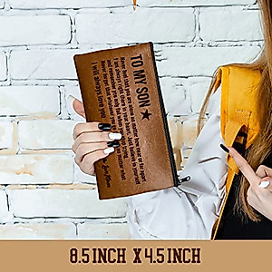QQILIREN Inspirational Son Gift from Mom to My Son Pencil Case Pen Pouch Engraved Leather Pencil Bag Vintage I Love You Zipper Pouch for Students Graduation Travel Office Work Accessories