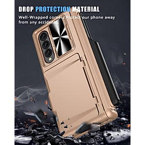 Vihibii for Samsung Galaxy Z Fold 3 Case with S Pen Holder & Hinge Protection, Credit Card Slot Kickstand Design, Slide Camera Cover & Screen Protector, Hard PC Phone Case for Z Fold 3 5G (Rose Gold)