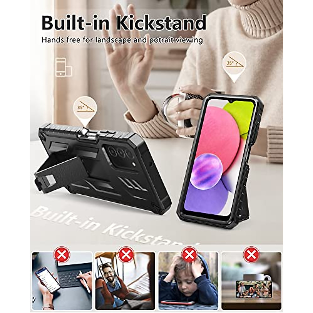 SOiOS for Samsung Galaxy A03S Phone Case: Built in Hard Kickstand & Touch Protector Military Shockproof TPU Durable Soft Rugged Heavy Duty Armor Full Body Protection Grade Phone Cover - Black