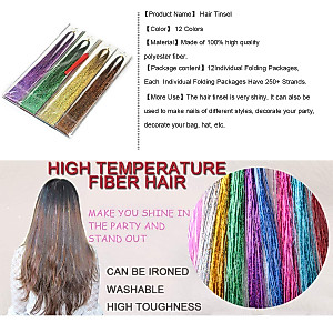 AlyBoto Hair Tinsel Heat Resistant 12 Colors 3000 Strands Fairy Hair Tinsel Kit Glitter Tinsel Hair Extensions 48 Inch Sparkle Hair Tinsel Kit For Girls (12color/3000strands-Pack)