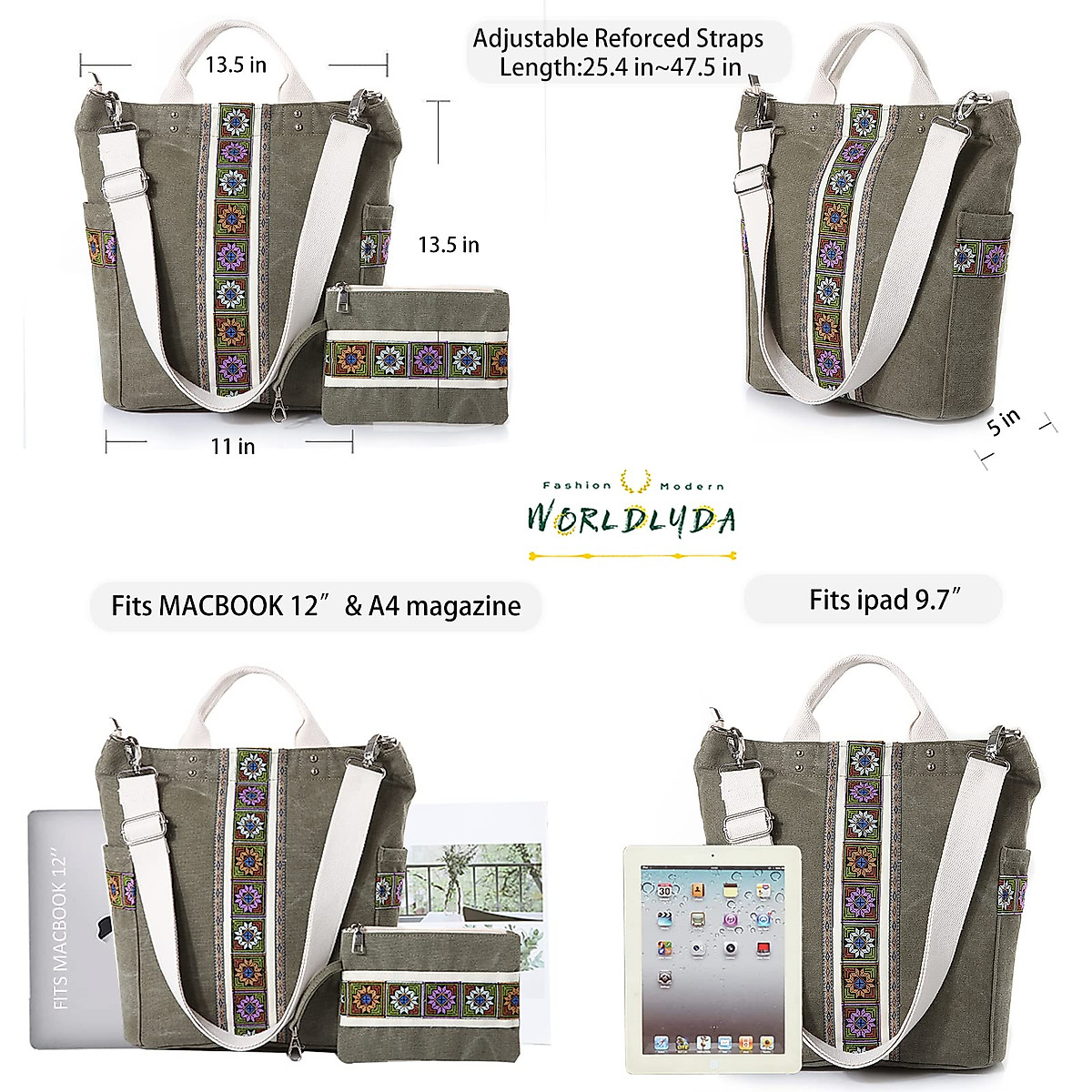 Worldlyda Women Canvas Tote Purse Large Retro Shoulder Bag Casual Crossbody Hobo Top Handle Handbags with Embroidery Ethnic(Oliver Green)