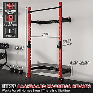 Mikolo Wall Mounted Squat Rack, Folding Power Rack with Lat Pulldown & Cable Crossover System, Power Cage with Pulley System and Training Attachments for Home Gym, Weight Capacity 1450LBS(Red)