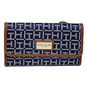 Tommy Hilfiger Women's Navy Blue Brown Logo Jacquard Checkbook Wallet Clutch Bag