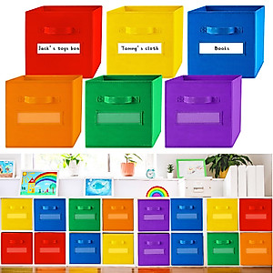 FillTouch 18Pcs Colorful Cube Storage Bin 11in Rainbow Fabric Cube Basket with Label Window and Handle Fun Colored Foldable Storage Cube for Toy Storage Nursery Classroom Living Room(School Color)