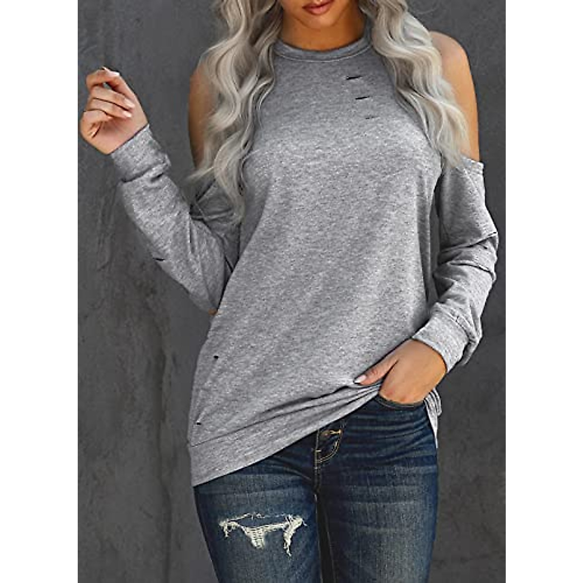 Dokotoo Fall Casual Cold Shoulder Tops for Women Hollowed Out Long Sleeve Sweatshirts T Shirt Women Open Shoulder Tops Sexy Halter Neck Top Pullover Tunic Blouses 2023 Fashion Gray XX-Large