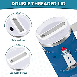 RPLIFE Whimsical Sweet Lighthouse Blue Coffee Tumbler with Handle, Stainless Steel Coffee Tumbler, Cups with Lids