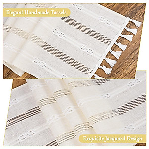 AUAUY Table Runner with Handmade Tassels, Boho Style Beige Weave Stripes Polyester Fabric Table Runner, Macrame Table Decoration for Holiday Party Dining Wedding and Everyday Use(13*70.87in)