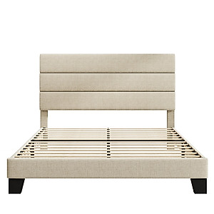 HOOMIC Queen Size Bed Frame with Headboard, Fabric Upholstered Platform Bed with Strong Wood Slats Support, Mattress Foundation, No Box Spring Needed, Beige