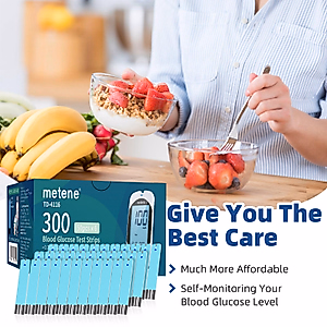 Metene TD-4116 Blood Glucose Test Strips, 300 Count Test Strips for Diabetes, Use with metene TD-4116 Blood Glucose Monitor Only(No Monitor)
