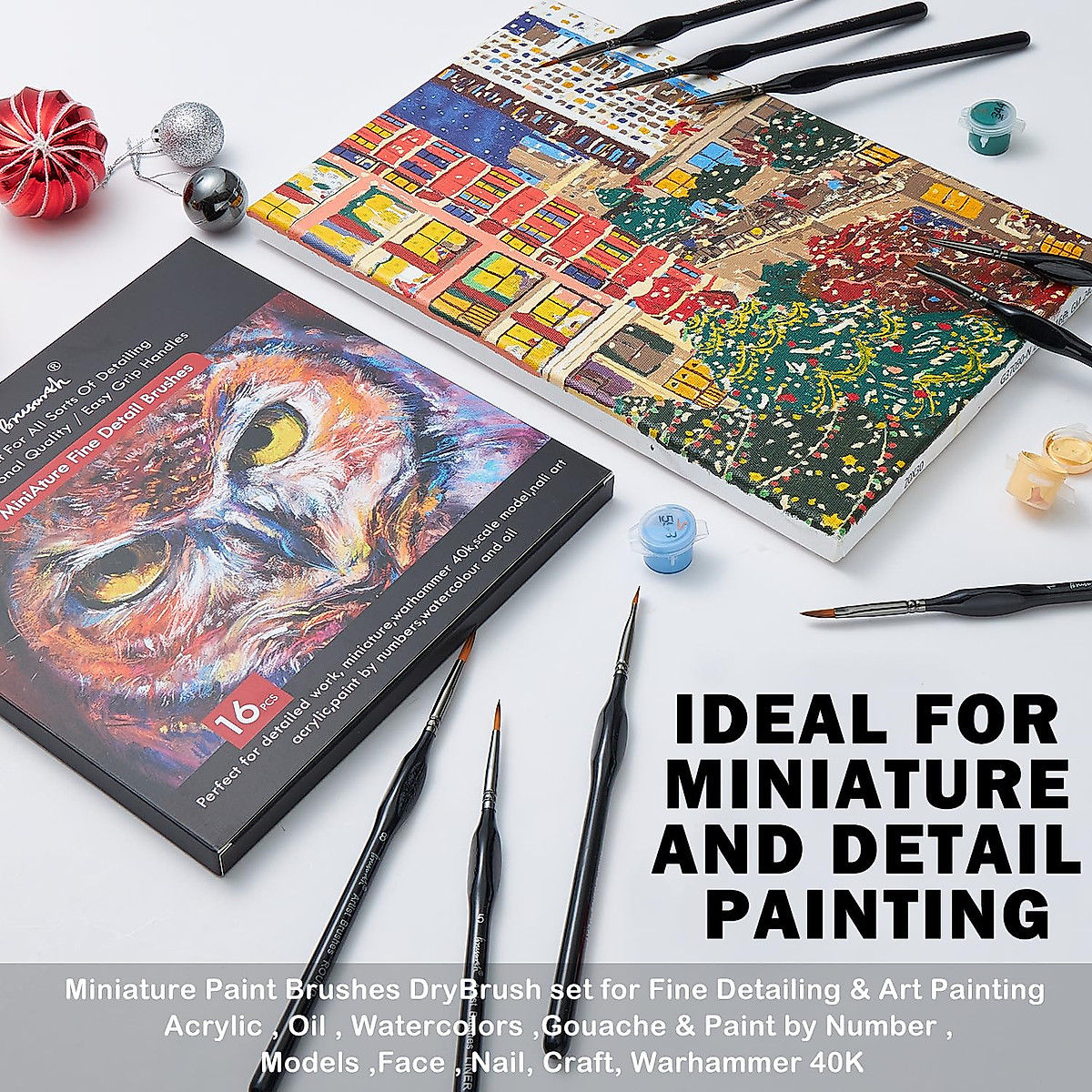 Brusarth Detail Paint Brushes Set, 16pcs Miniature Paint Brushes for Fine Detailing, Art Painting, Micro Detail Paint Brush for Acrylics, Oils, Watercolors, Paint by Number, Figurine, 40k