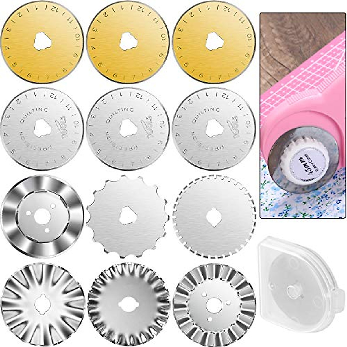 12 Pieces Rotary Cutter Blades Replacement Rotary Blades Round Trimmer Refill Blades in 45 mm Compatible with Fiskars Olfa Rotary Cutter for Quilting Cutting Sewing Crafts, 8 Types