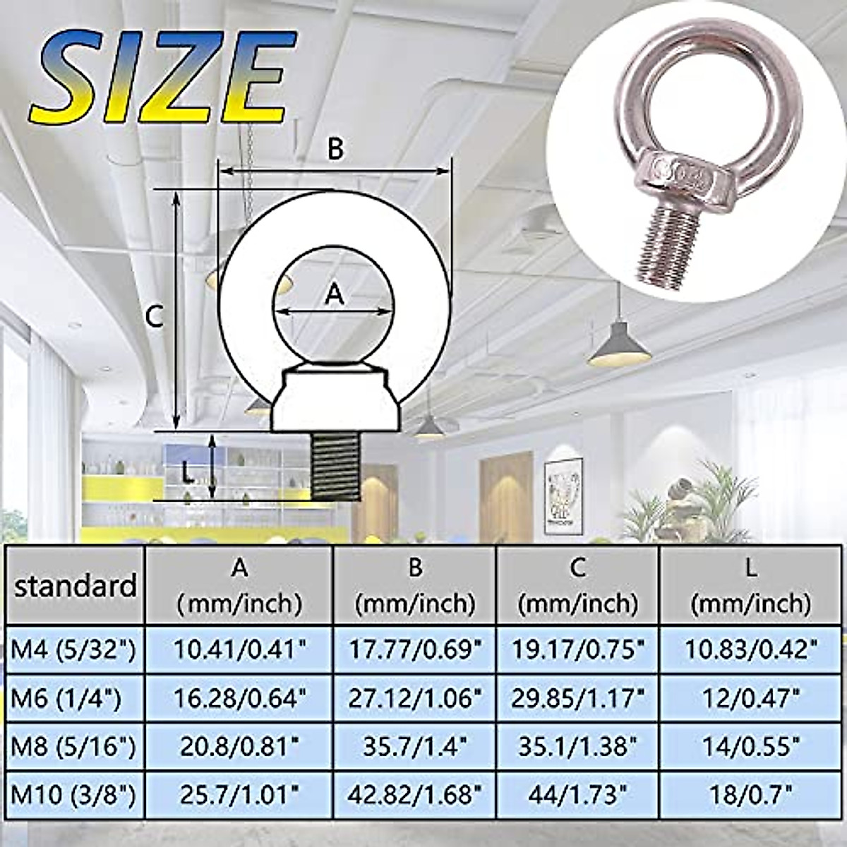 Lifting Eye Bolts, Reedny 1/4" 304 Stainless Steel Shoulder Ring Eye Machinery Male Thread Ring Eyebolt Screws for Hanging Articles (M6, 8Pcs)