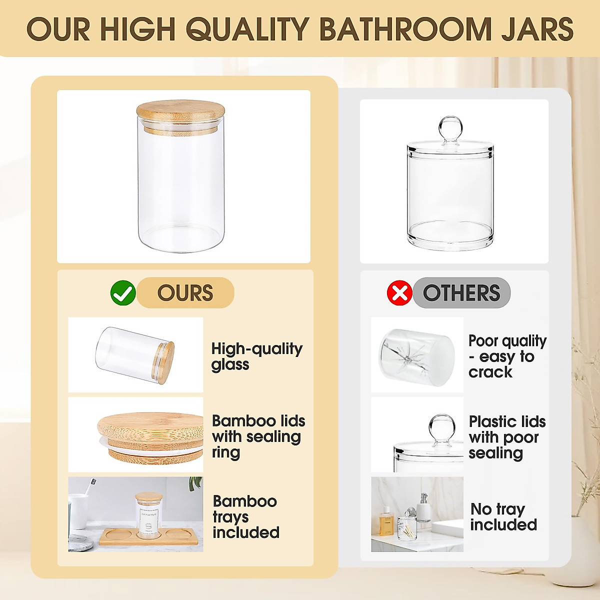 3 Pack Glass Qtip Holder for Bathroom with Bamboo Lids and Tray, 12oz Bathroom Organizers and Storage Accessories Home Decor, Apothecary Jars Qtip Dispenser for Cotton Swab, Cotton Ball and Floss