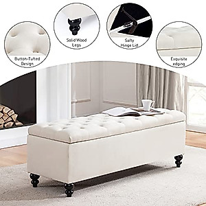HUIMO Ottoman with Storage, 51-inch Storage Ottoman Bench with Button-Tufted, Bedroom Bench Safety Hinge Ottoman in Upholstered Fabrics, Large Storage Bench for Bedroom, Living Room (Ivory)