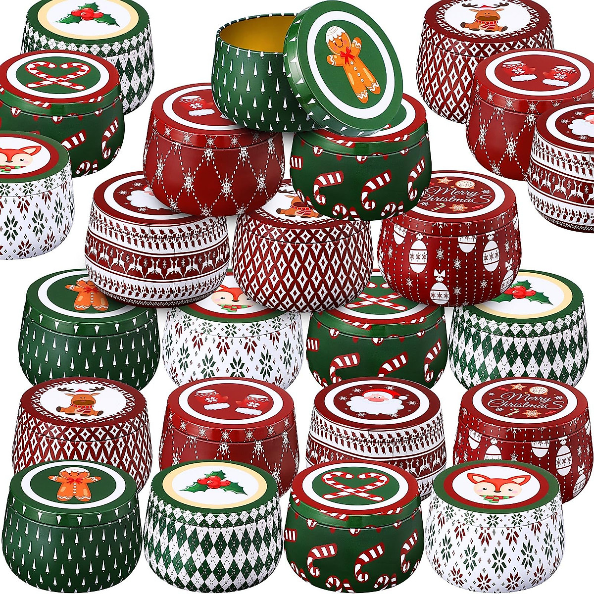Uiifan 48 Pcs Christmas Candle Tins Cookie Tins Metal Candles Tin Gifts Jars with Lids 8 oz Candy Tinplate Retro Tins Round Containers for Candle Holiday Gift Giving Treat Biscuits Party Favors