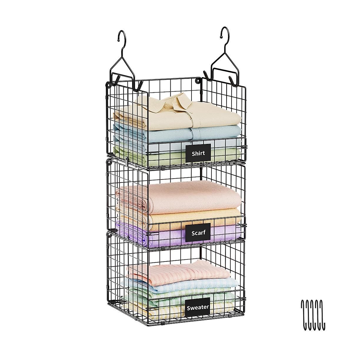 Sonyabecca 3-Tier Hanging Closet Organizer with Name Plate, Clothes Hanging Shelves 5 S Hooks, Wall Mount & Cabinet Foldable Wire Storage Basket, for Clothing Sweaters Handbags