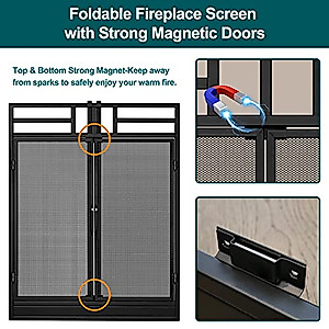 AMAGABELI GARDEN & HOME 3 Panel Folding Fireplace Screen with Doors Large Flat Guard Tools Outdoor Metal Decorative Mesh Solid Wrought Iron Fire Place Wood Burning Stove Accessories Black