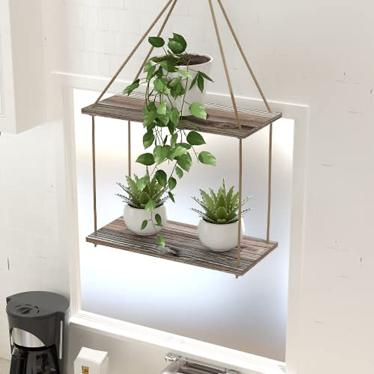 J JACKCUBE DESIGN Hanging Shelves Wall Plant Shelf Floating Shelves with Rope for Bedroom Bathroom Living Room Farmhouse Boho Room Decor, Triangle Rope Rustic Wood Display Shelf(Set of 2) - MK555AA