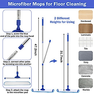 Uiifan 2 Set 18" Microfiber Mop Floor Cleaning System, Flat Mop for Hardwood Floors Commercial Mop Bulk Wet and Dust Mop with Extendable Handle, Reusable Mop Pads, Household Cleaning Tools