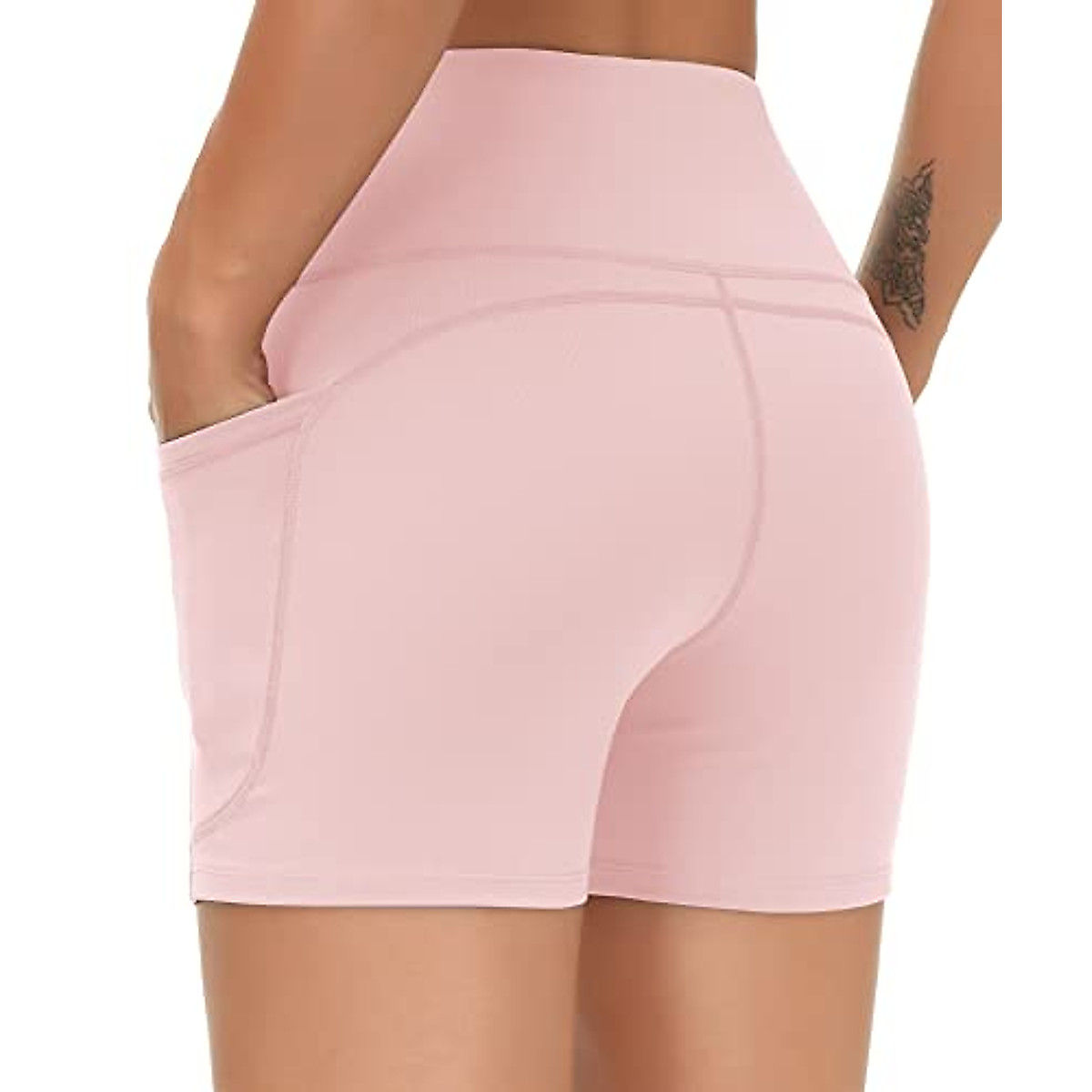 THE GYM PEOPLE High Waist Yoga Shorts for Women's Tummy Control Fitness Athletic Workout Running Shorts with Deep Pockets (Medium, Pink)