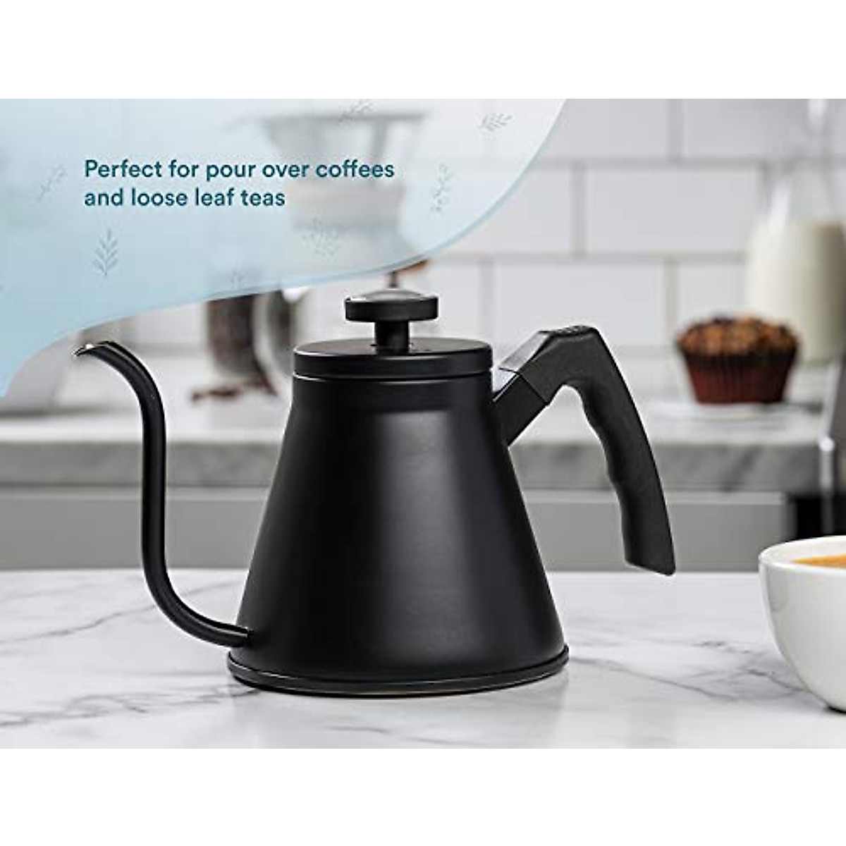 Kook Stovetop Gooseneck Kettle with Thermometer, for Pour Over Coffee & Tea, Temperature Gauge, Electric, Compatible for Gas Stovetop, 3 Ply Stainless Steel Base, 27 oz
