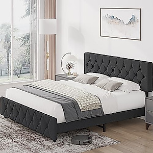 KIETLER King Size Bed Frame with Type-C & USB Ports， Adjustable Headboard， Upholstered Platform with Wooden Slats Support, Linen Fabric Wrap No Box Spring Needed, Easy Assembly, Dark Grey