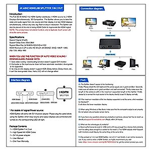 HDMI Splitter 4K@60Hz, avedio links HDMI Splitter 1 in 2 Out, HDMI Splitter for Dual Monitors Only Duplicate/Mirror Screens, Support HDMI2.0b, HDCP2.2, 18.5Gbps, Auto Scaling, Full HD 1080P 3D