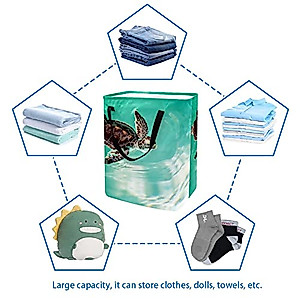 Turtle on Water Print Collapsible Laundry Hamper, 60L Waterproof Laundry Baskets Washing Bin Clothes Toys Storage for Dorm Bathroom Bedroom