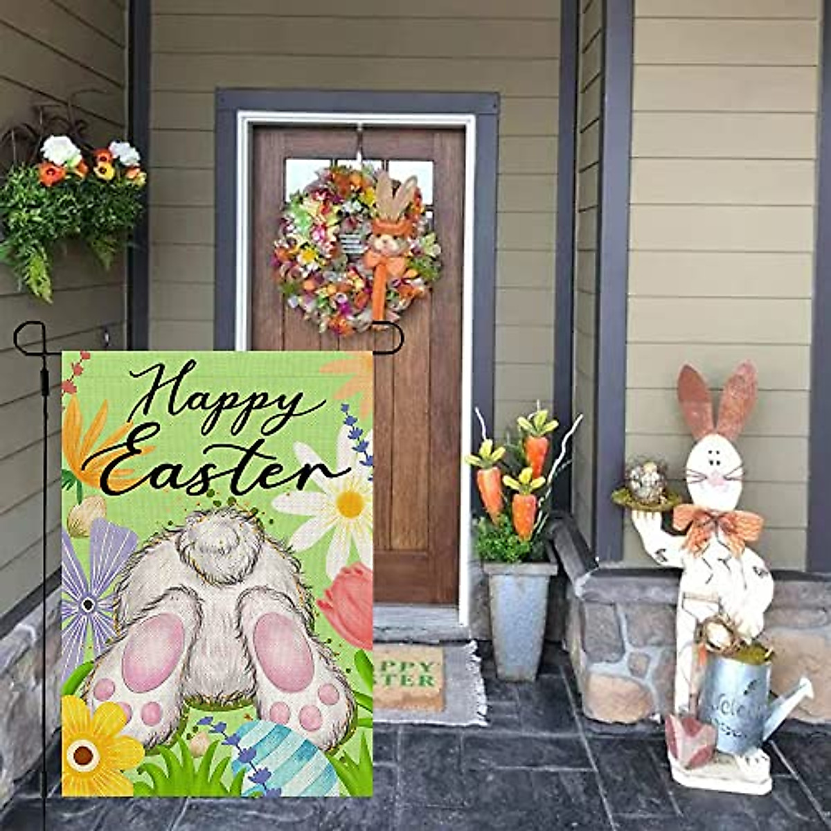 CROWNED BEAUTY Happy Easter Bunny Tail Garden Flag Floral 12x18 Inch Double Sided for Outside Burlap Small Yard Holiday Decoration CF704-12